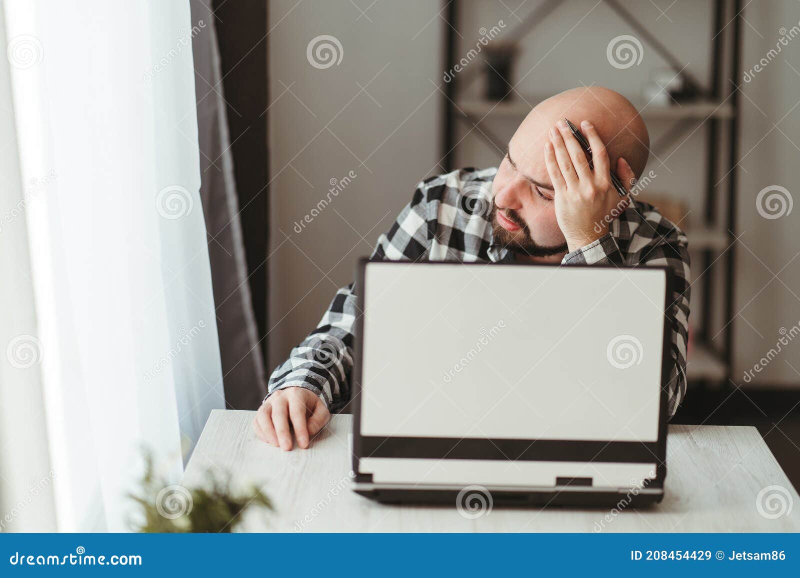 Tired Exhausted Man Working at His Home Office Stock Image - Image of ...