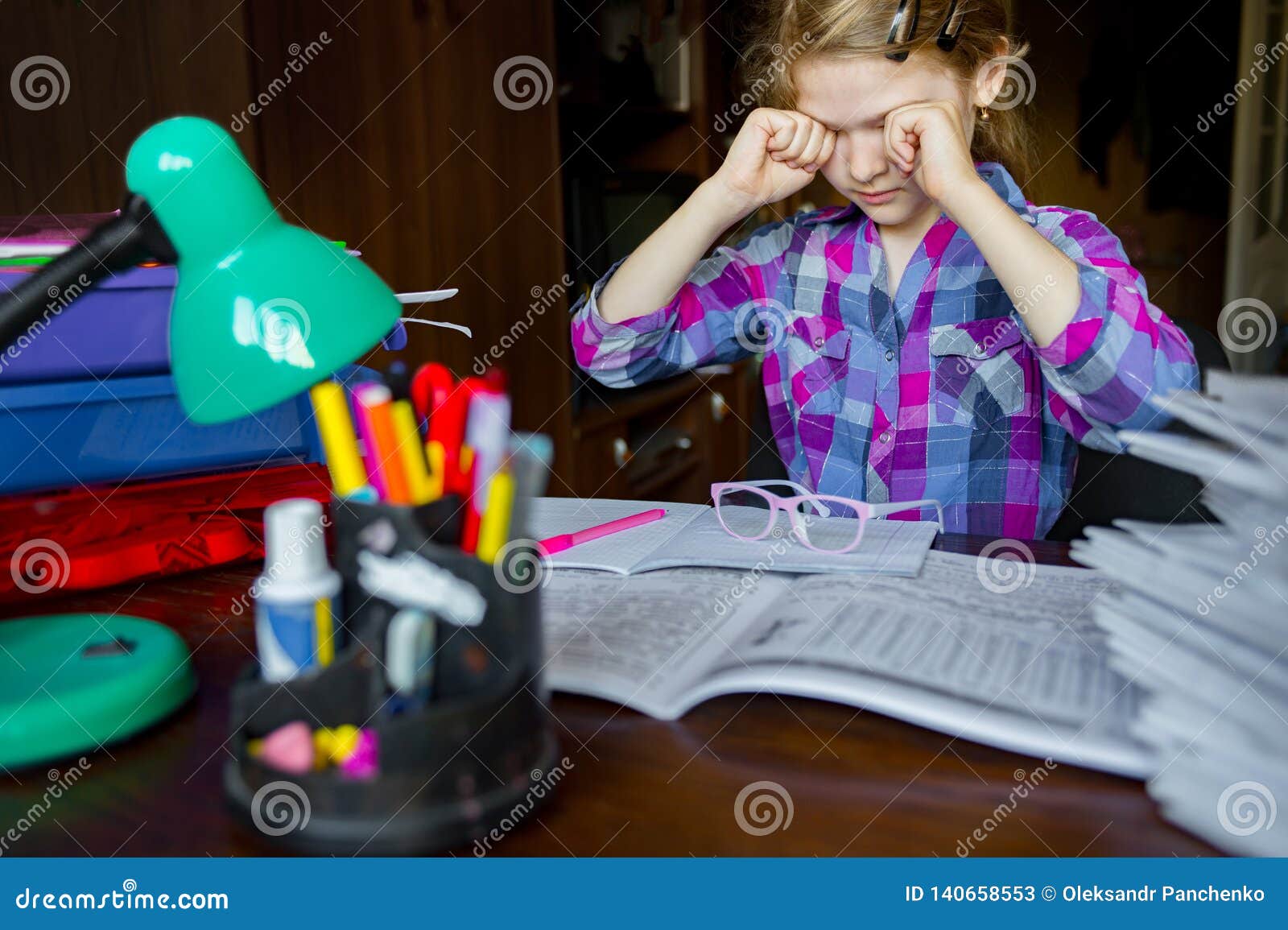 Tired Eyes of a Child Doing Homework , Writing and Learning Stock Image ...