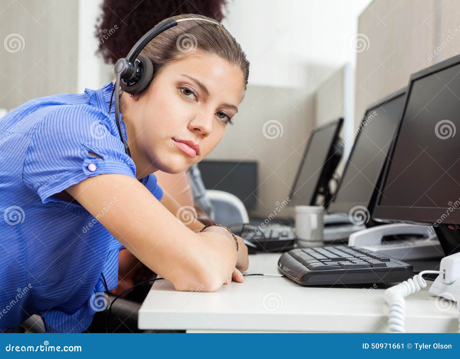 Tired Female Customer Service Representative at Stock Image - Image of ...