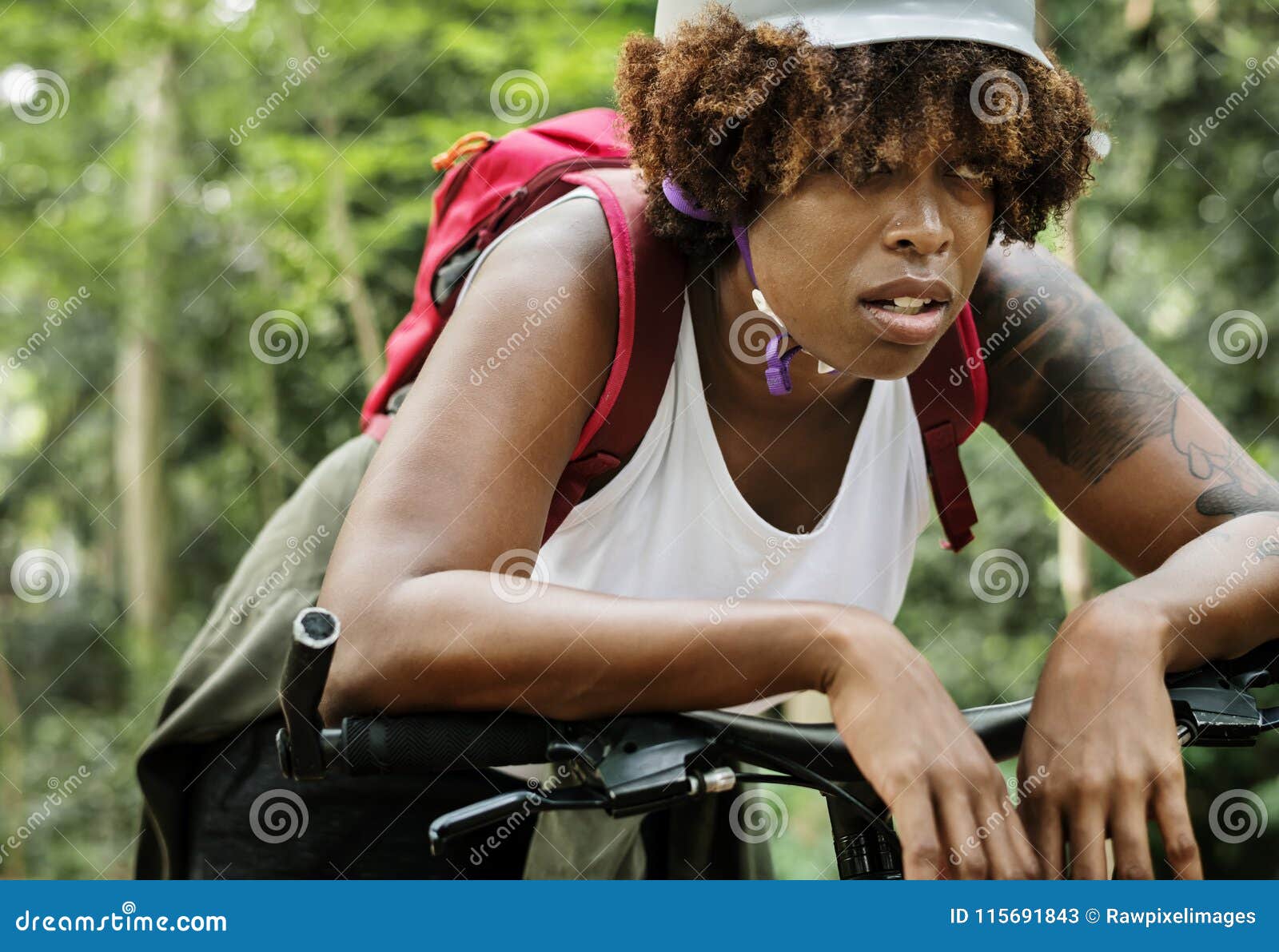 Tired Female Cyclist in the Forest Stock Image - Image of backpack ...