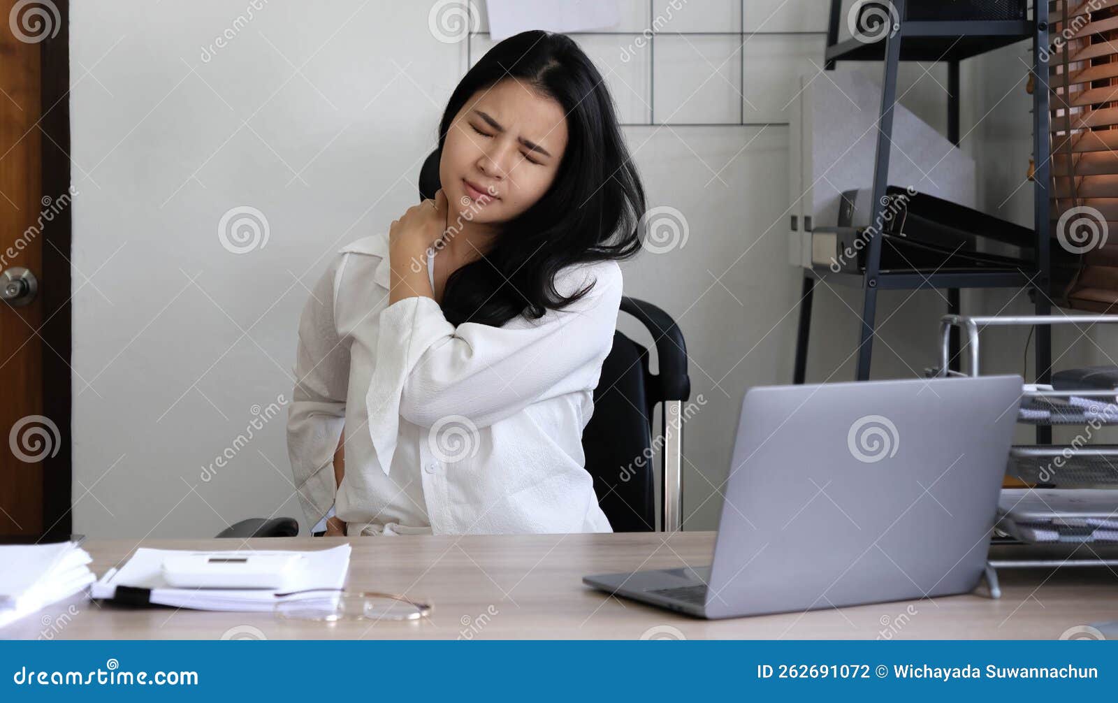 Tired Female Employee Holding Head on Hand, Looking at Computer Screen ...