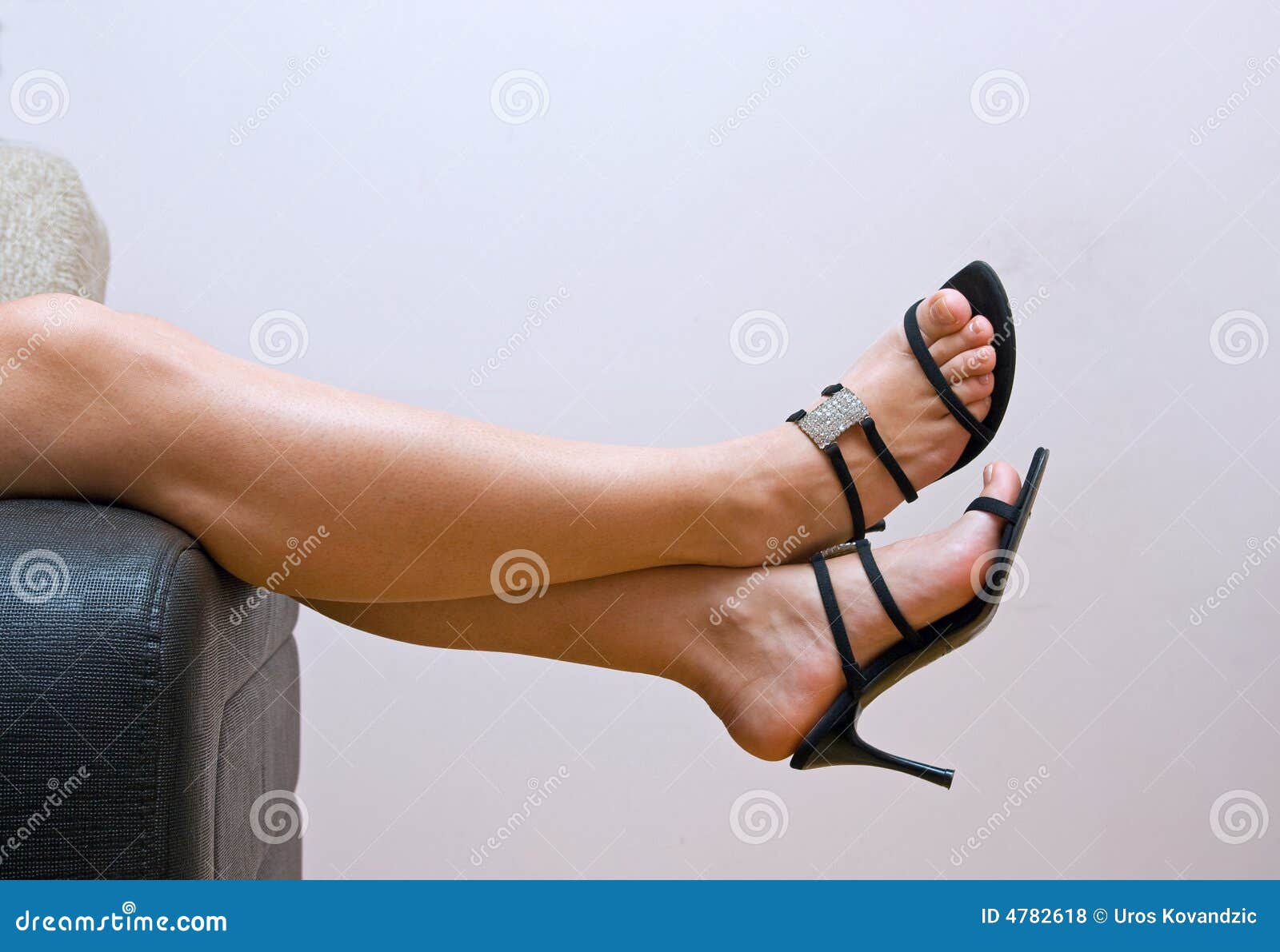 Tired Female Feet in Snadals Over Couch Stock Photo - Image of relax ...