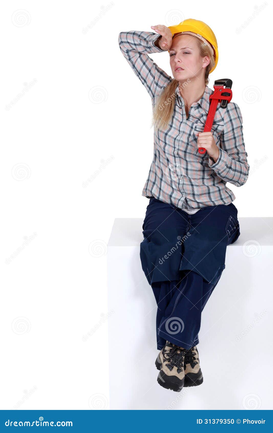 Tired female plumber stock photo. Image of fever, illness - 31379350