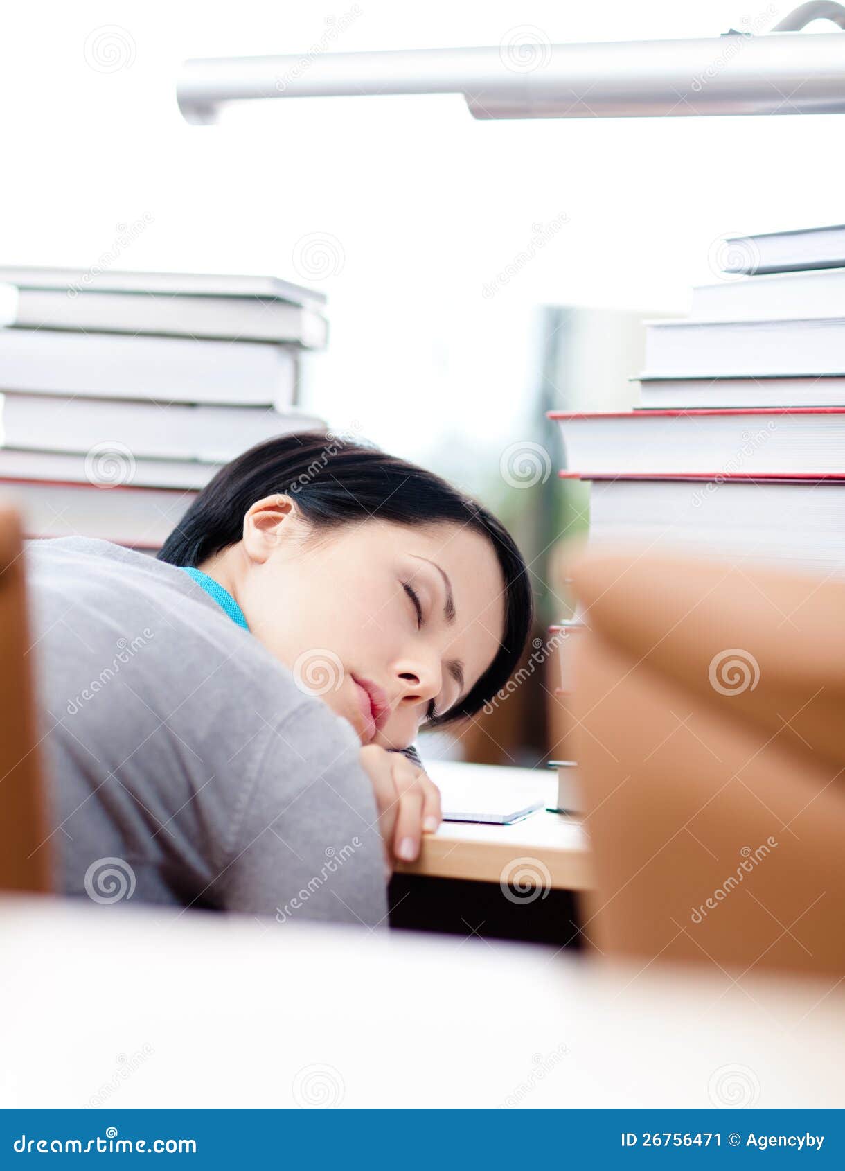 Tired Female Student Sleeps at the Table Stock Image - Image of book ...