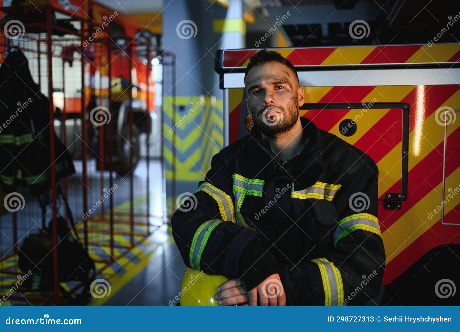 Tired Firefighter after Work in a Fire Department Stock Image - Image ...