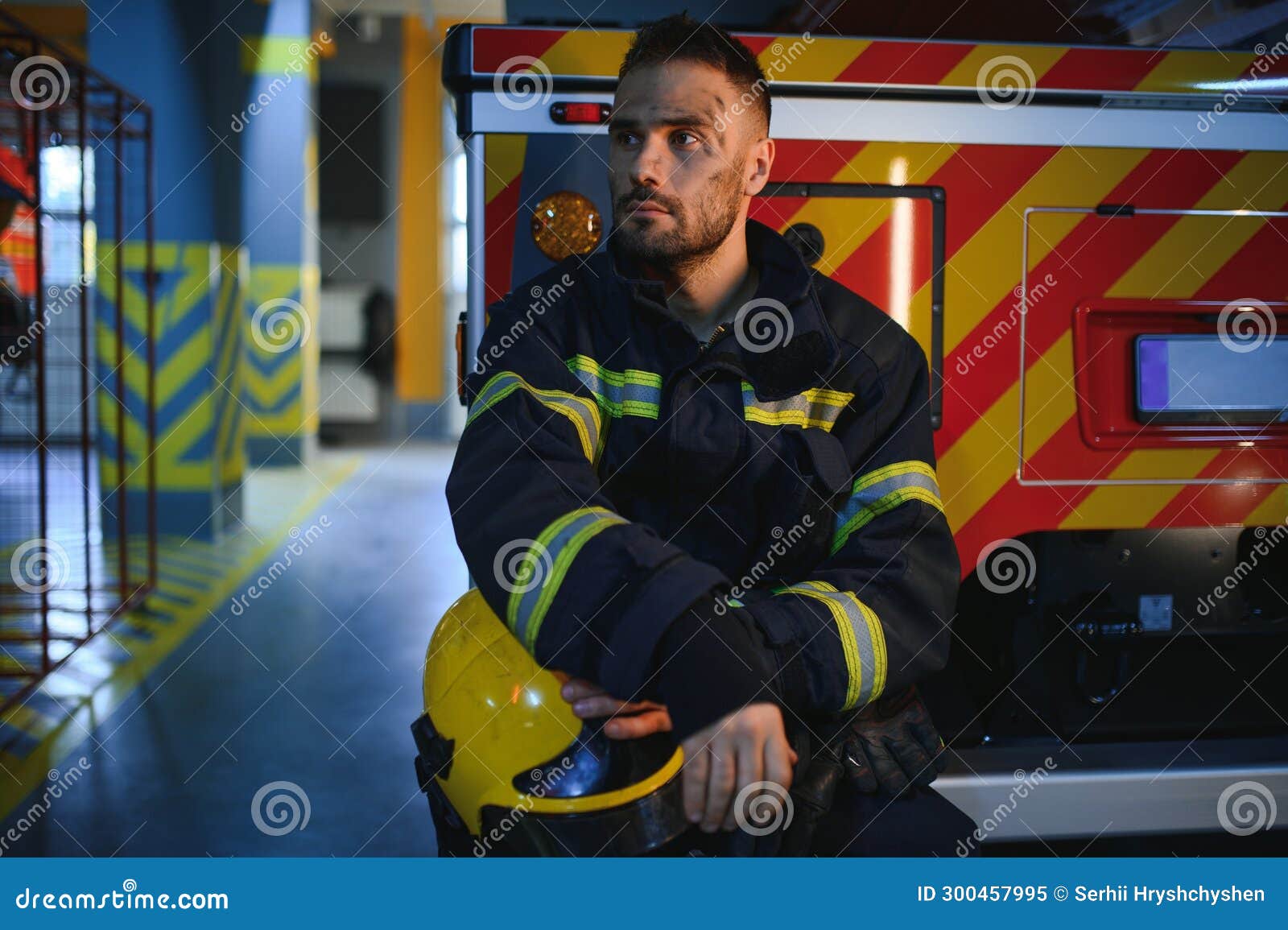 Tired Firefighter after Work in a Fire Department Stock Image - Image ...