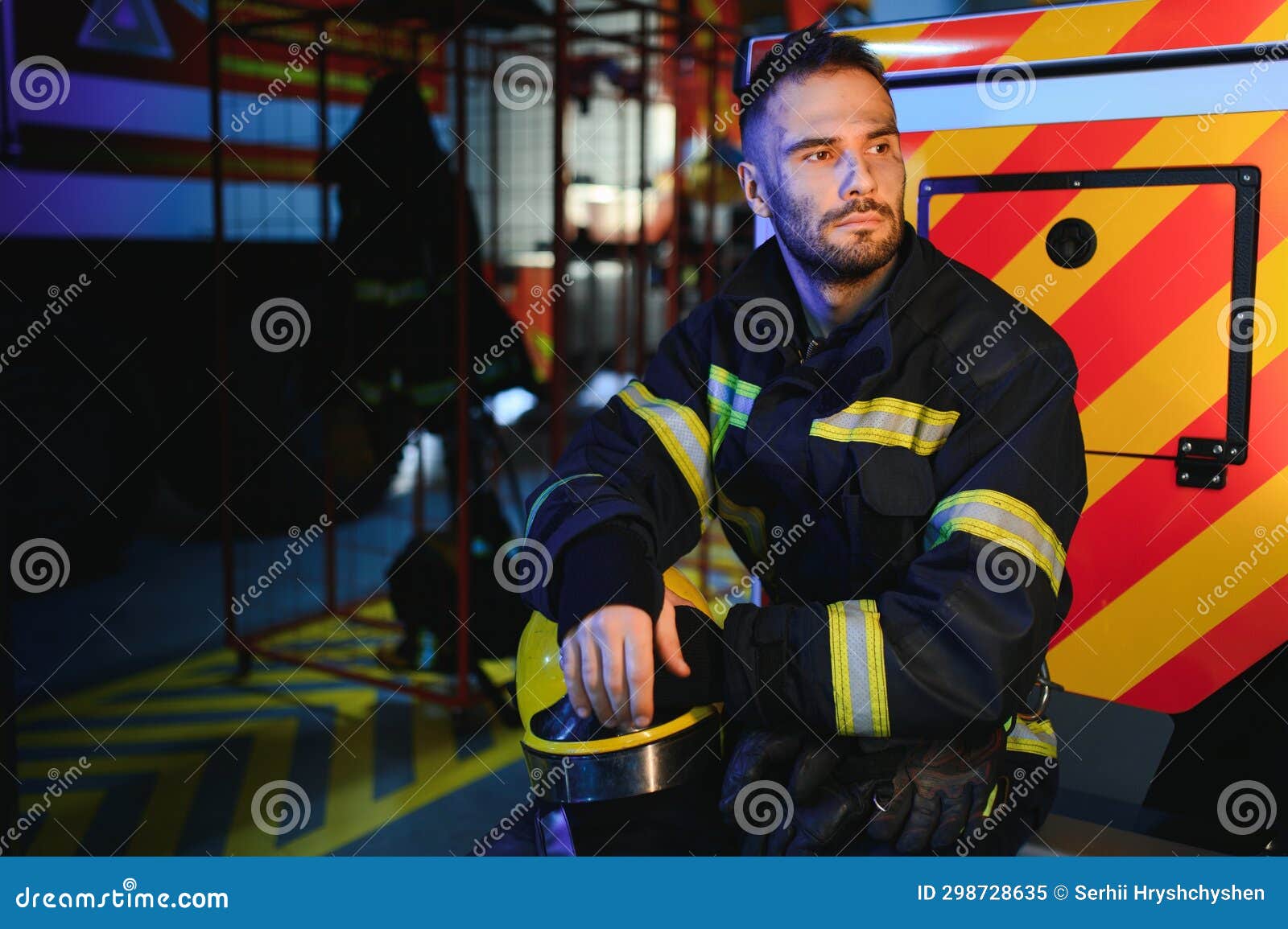 Tired Firefighter after Work in a Fire Department Stock Image - Image ...
