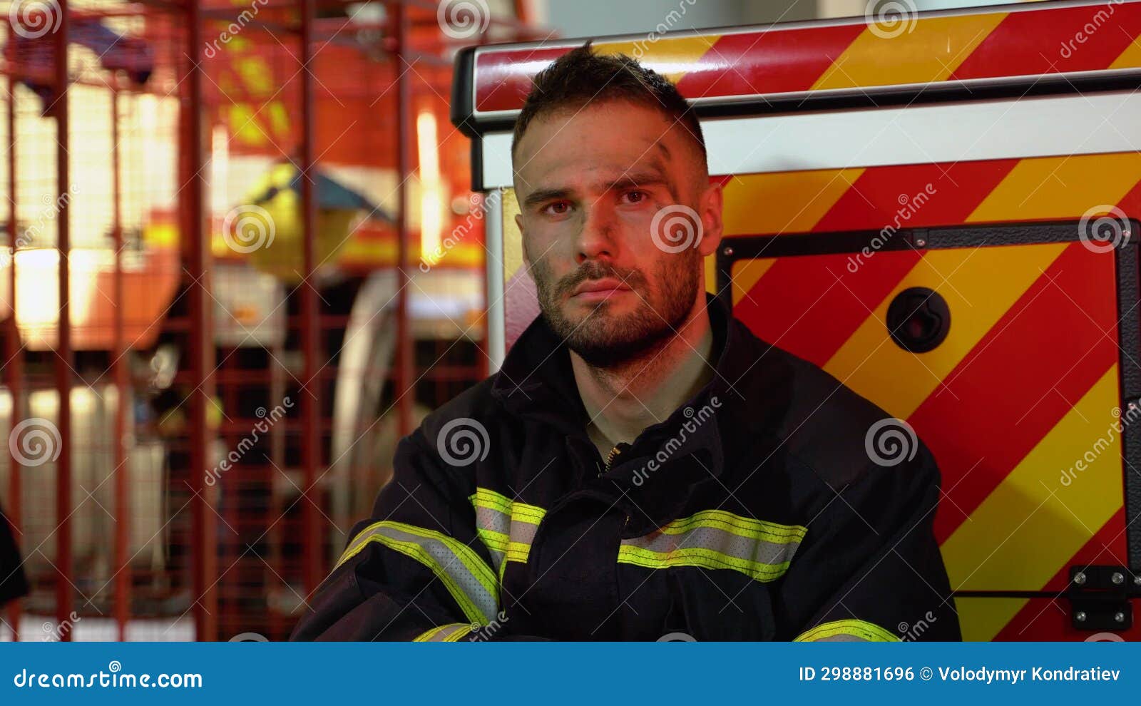 Tired Fireman in Protective Uniform Looking at Camera while Sitting ...