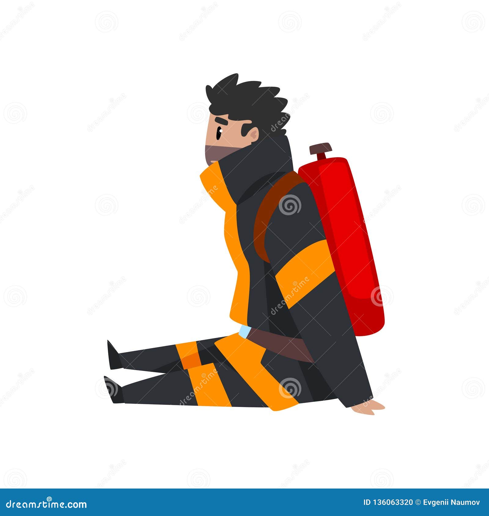 Tired Fireman Sitting on the Floor, Firefighter Character in Uniform at ...