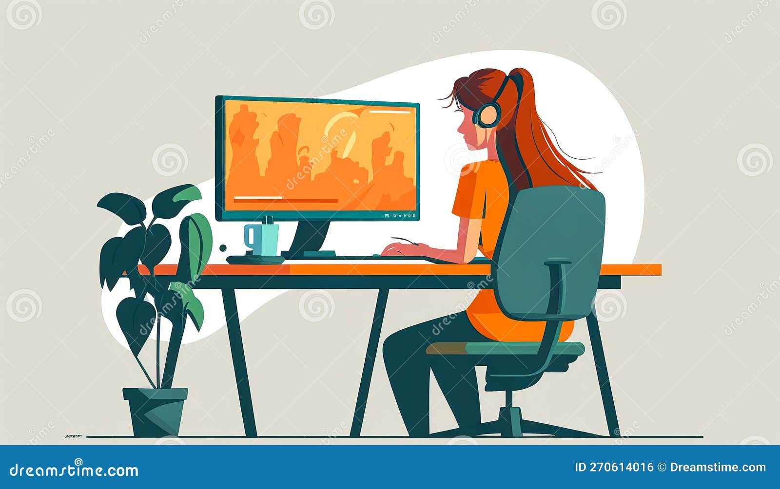 Tired Girl in Front of a Computer Screen, Generative AI. Stock ...