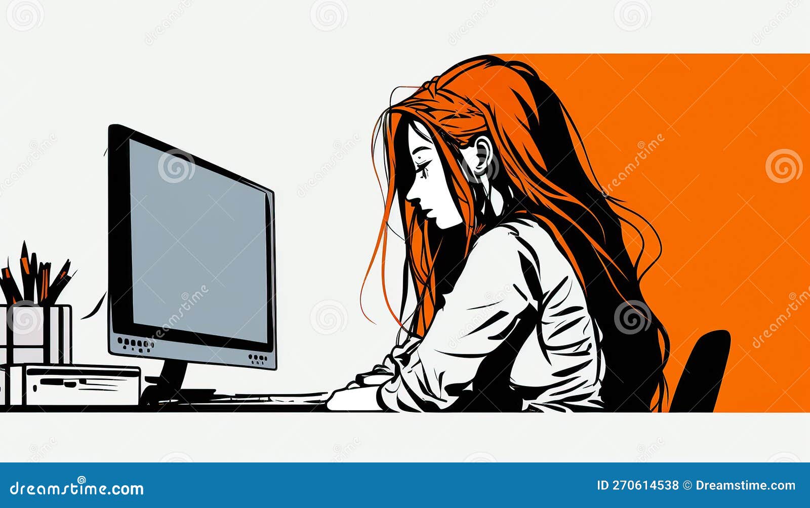 Tired Girl in Front of a Computer Screen, Generative AI. Stock ...