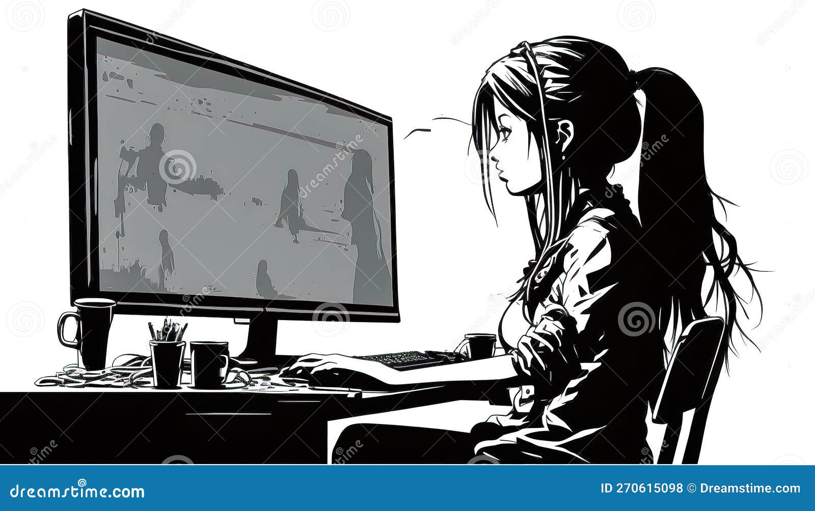 Tired Girl in Front of a Computer Screen, Generative AI. Stock Photo ...