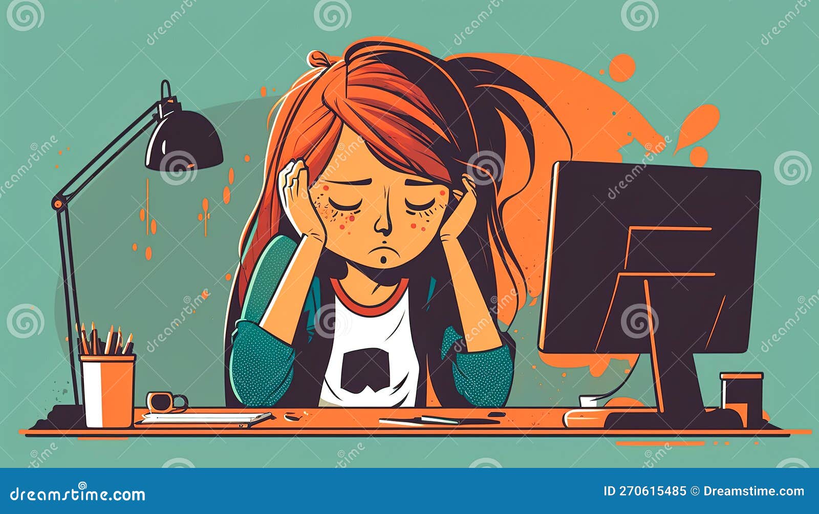 Tired Girl in Front of a Computer Screen, Generative AI. Stock Image ...