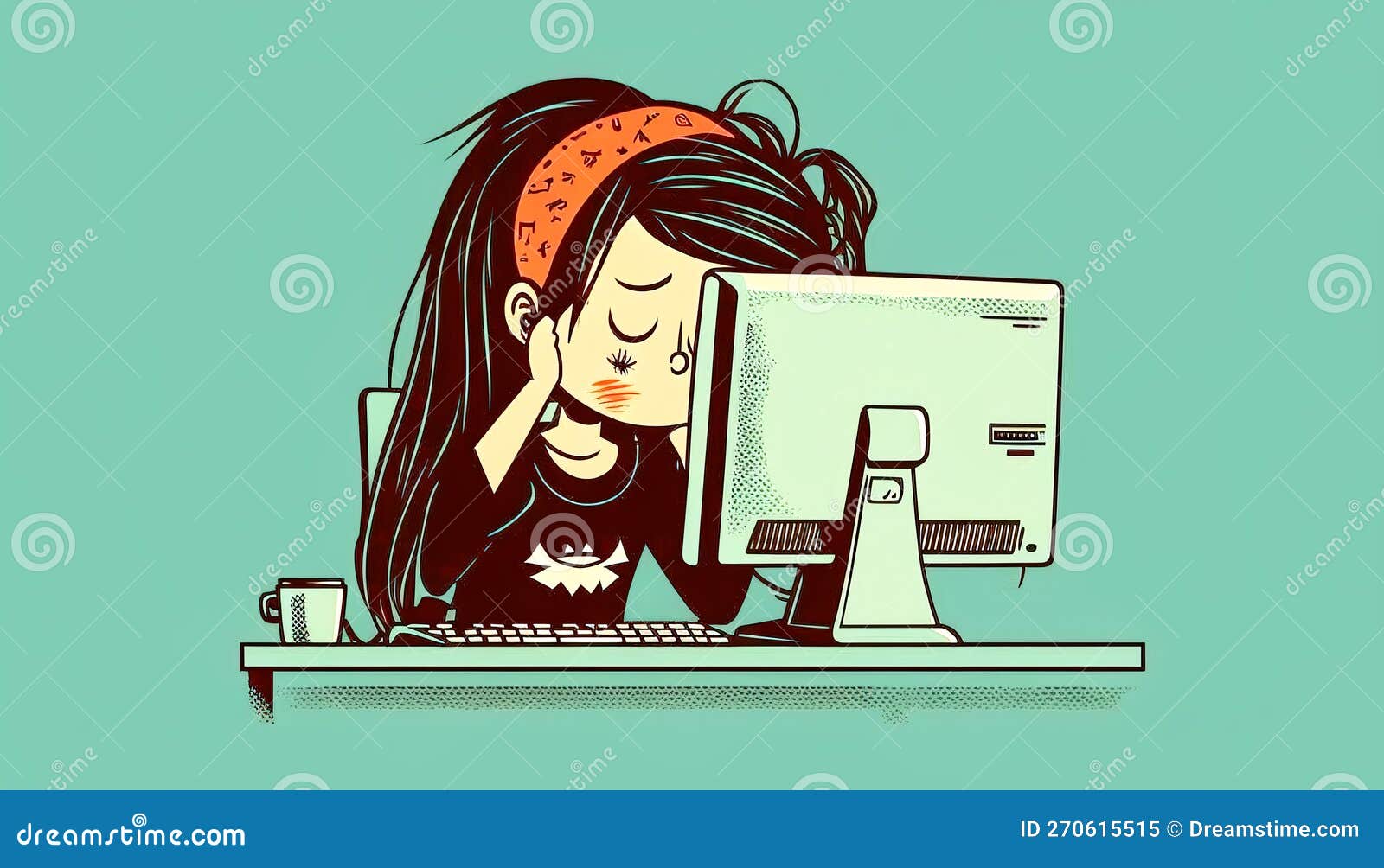 Tired Girl in Front of a Computer Screen, Generative AI. Stock ...