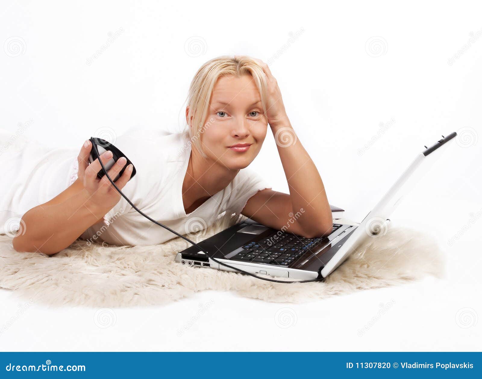 Tired Girl with Mouse in Hand Stock Photo - Image of household ...