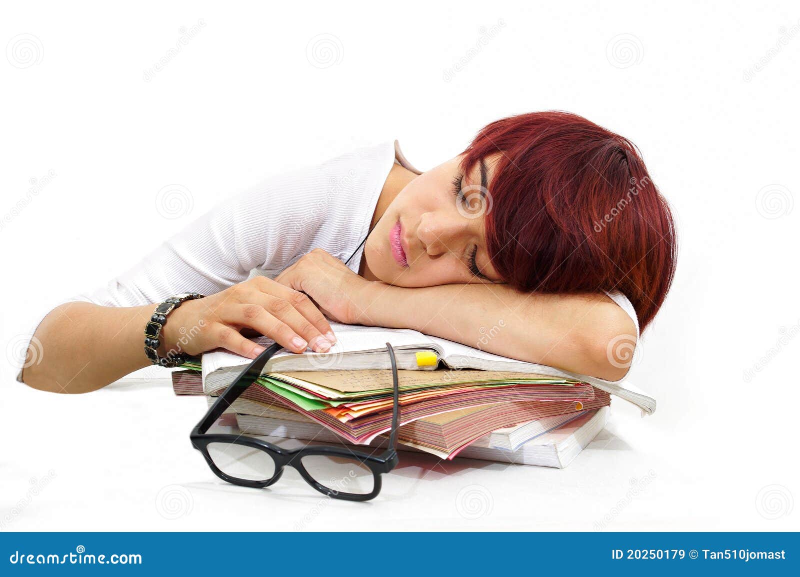 Tired Girl Sleep on Work Study Stock Image - Image of insomnia, study ...