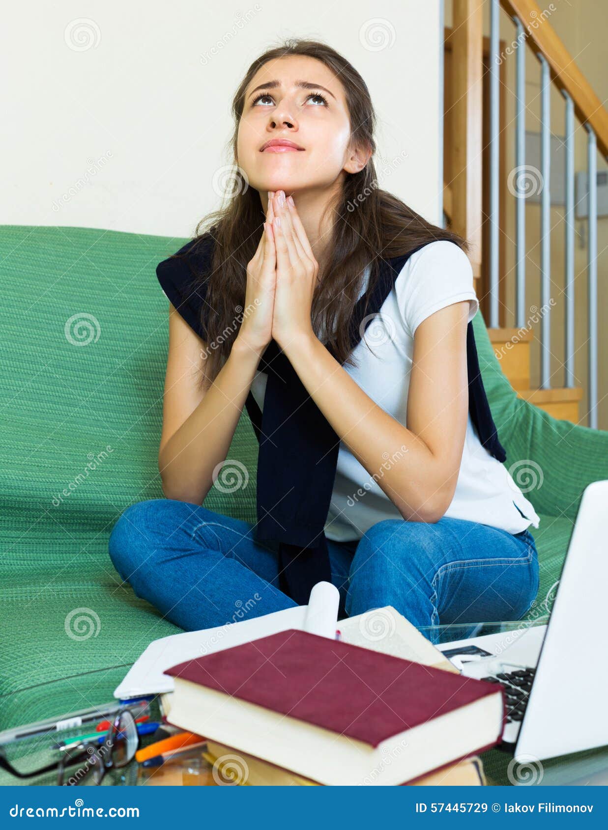 Tired girl study at home stock image. Image of emotion - 57445729