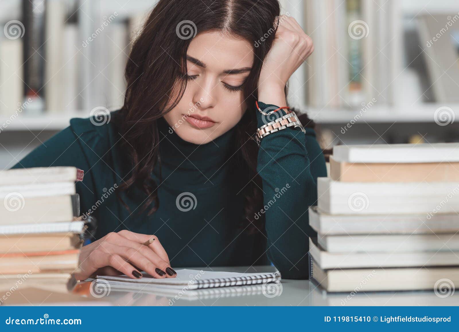 Tired Girl Studying with Notebook Stock Photo - Image of education ...