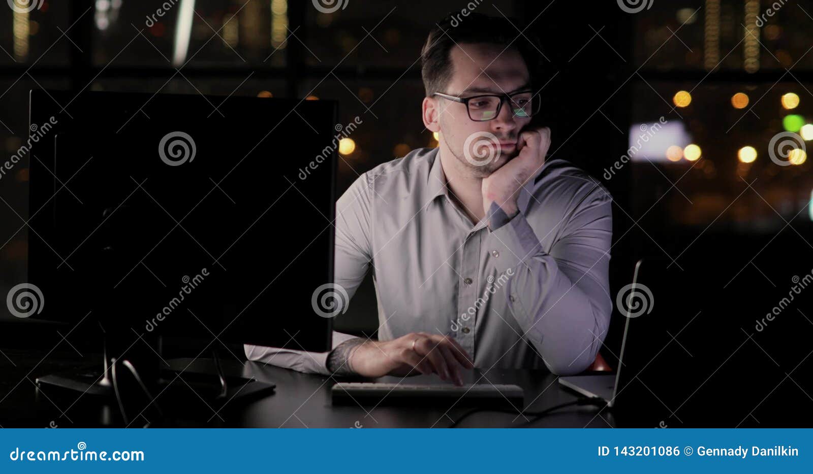 Tired Programmer Man is Working in the Office Overtime Typing on ...