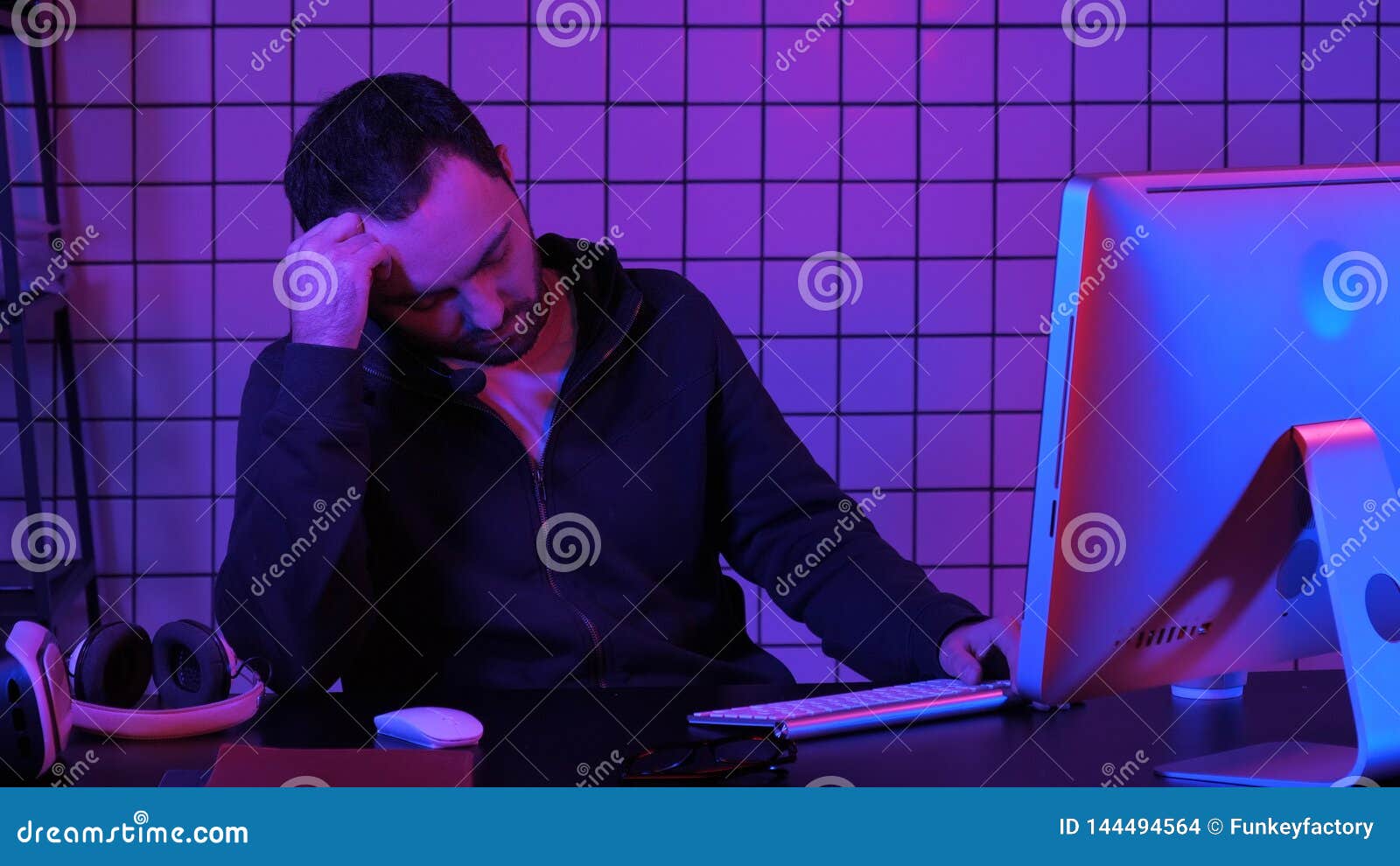 Tired Hacker Sleeping Near Computer while Computer Processing. Stock ...