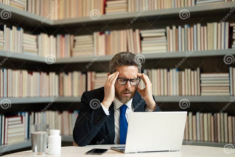 Tired Headache And Eye Strain On Laptop Man With Stress Burnout And