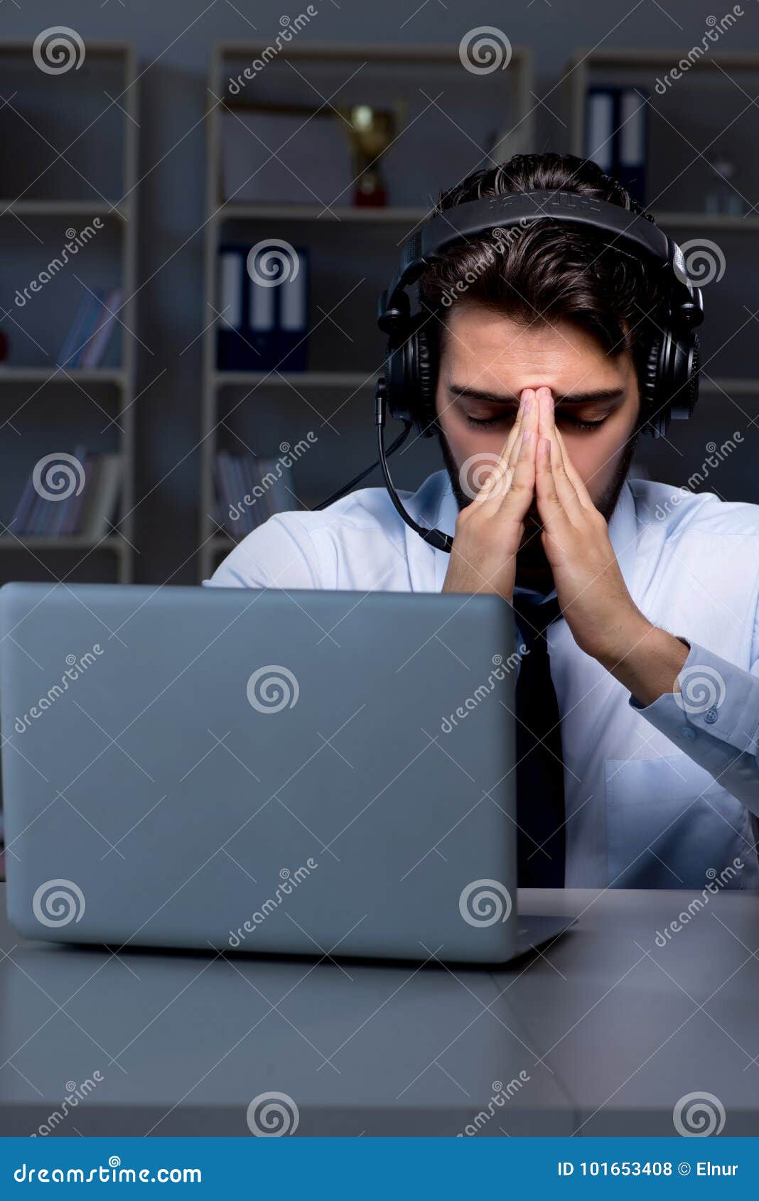 Tired help desk operator stock photo. Image of headphones - 101653408