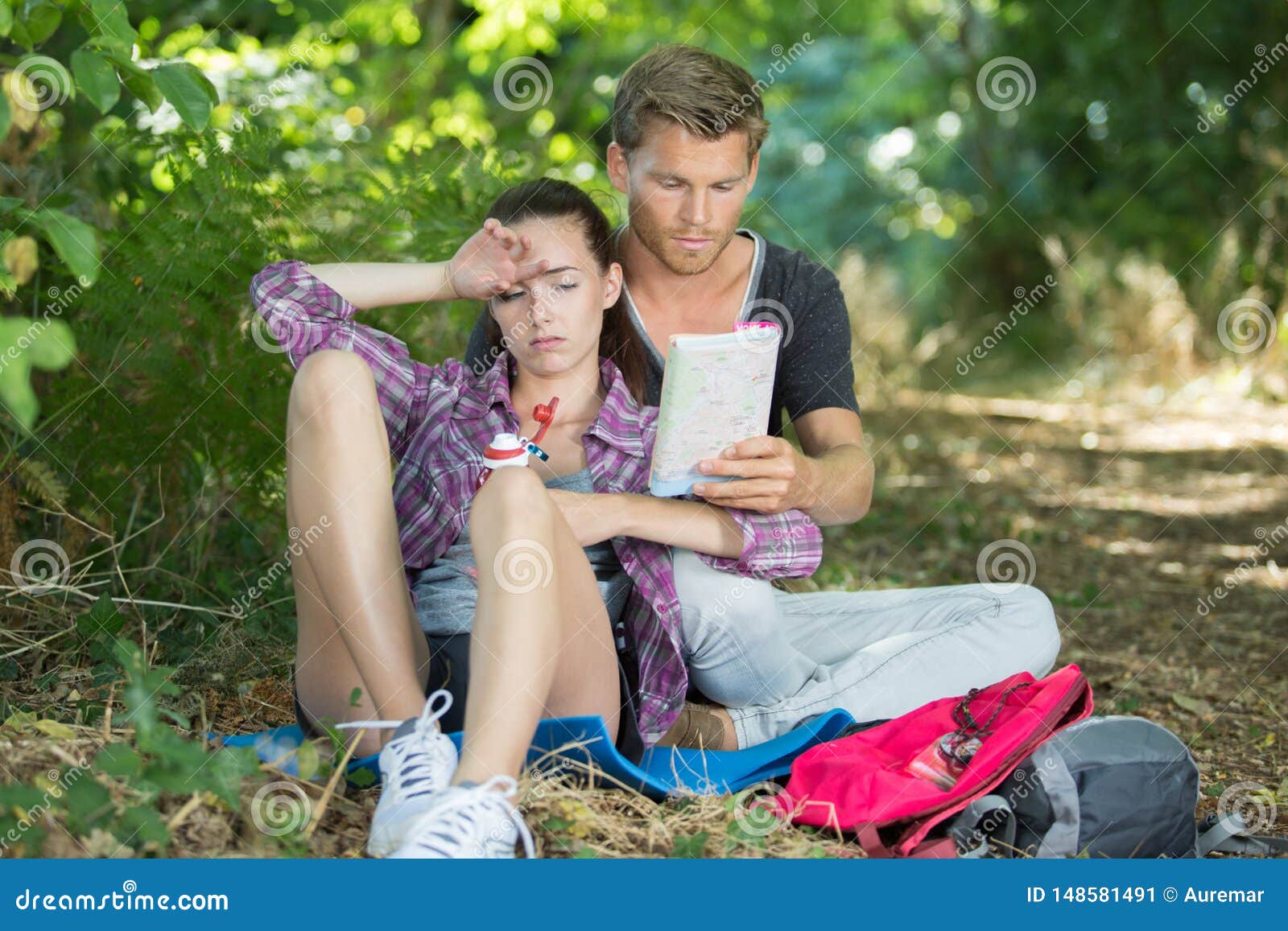 Tired Hiking Couple in Forest Stock Image - Image of human, tiredness ...