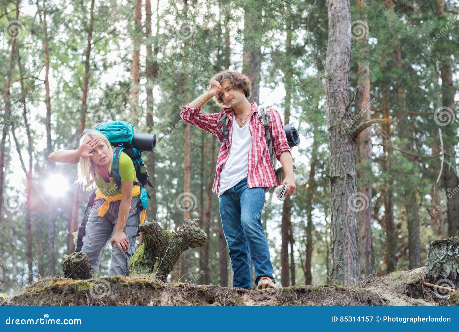 Tired Hiking Couple in Forest Stock Image - Image of girlfriend ...