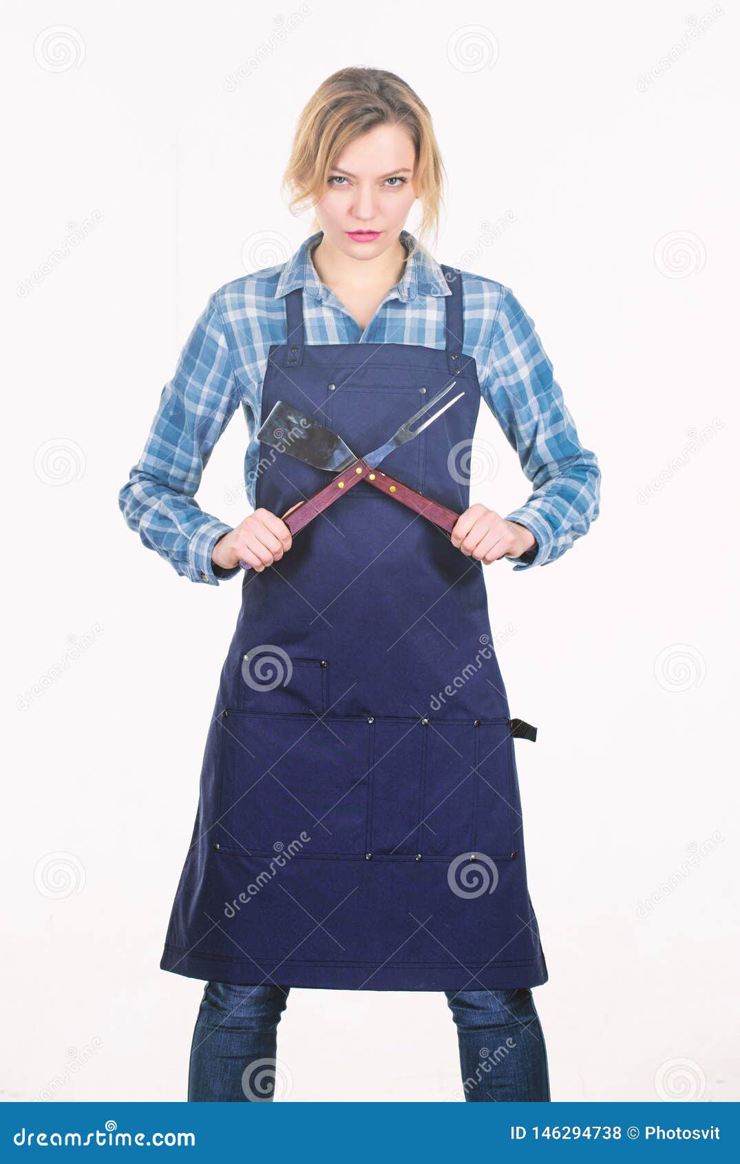 Tired Housewife Pretty Girl In Chef Apron Woman Hold Kitchen Utensils