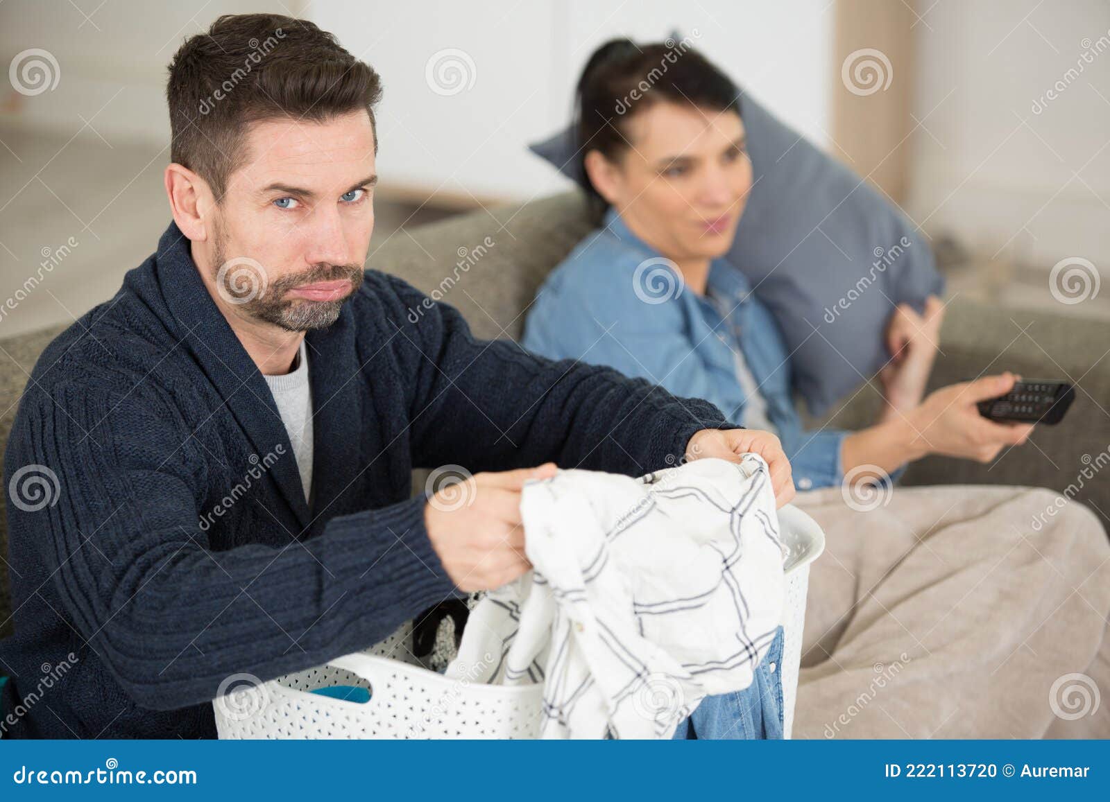 Tired Husband Helping Wife in Housework Stock Photo - Image of unhappy ...