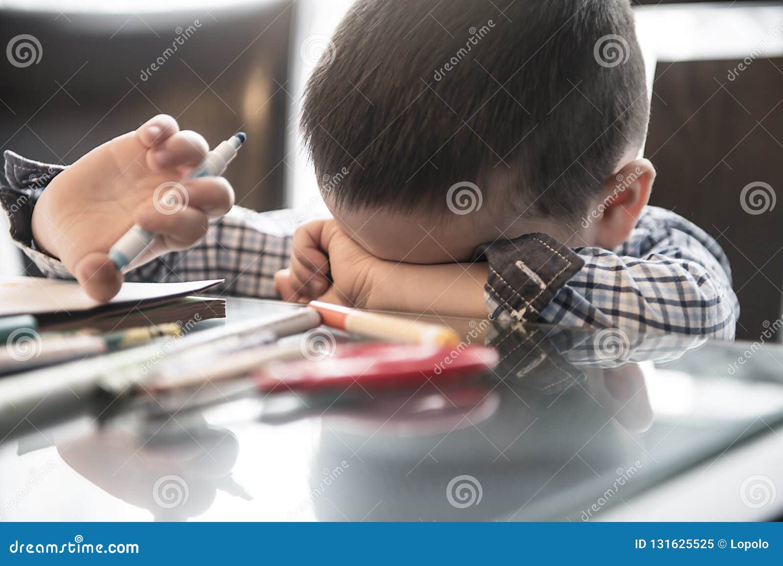 Tired and Sad Kid when Draw at Home Stock Image - Image of book ...