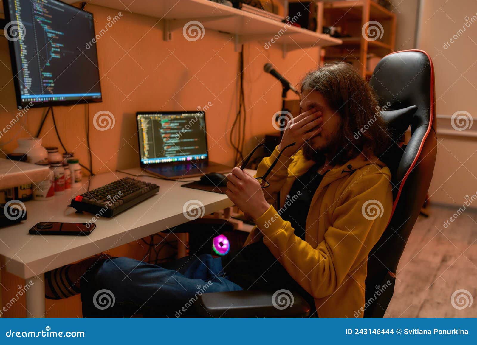 Tired Male it Developer Rub Sleepy Eyes at Work Stock Photo - Image of ...