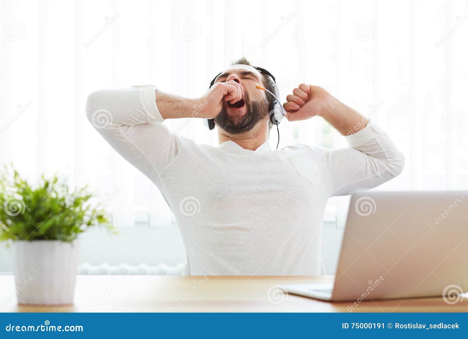 Tired Male Working On Computer. Sad Exhausted Man At Home Office ...