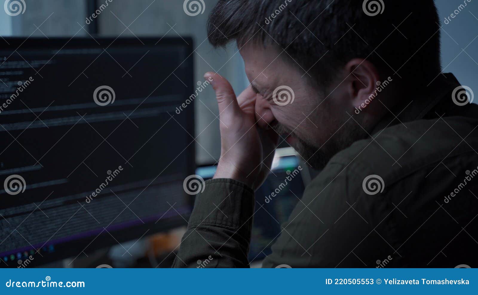 Tired Male Working on Computer. Sad Exhausted Man at Home Office ...