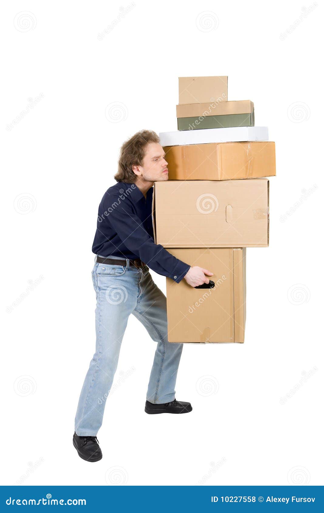Tired Man Carrying Many Cardboard Boxes Stock Photo - Image of ...