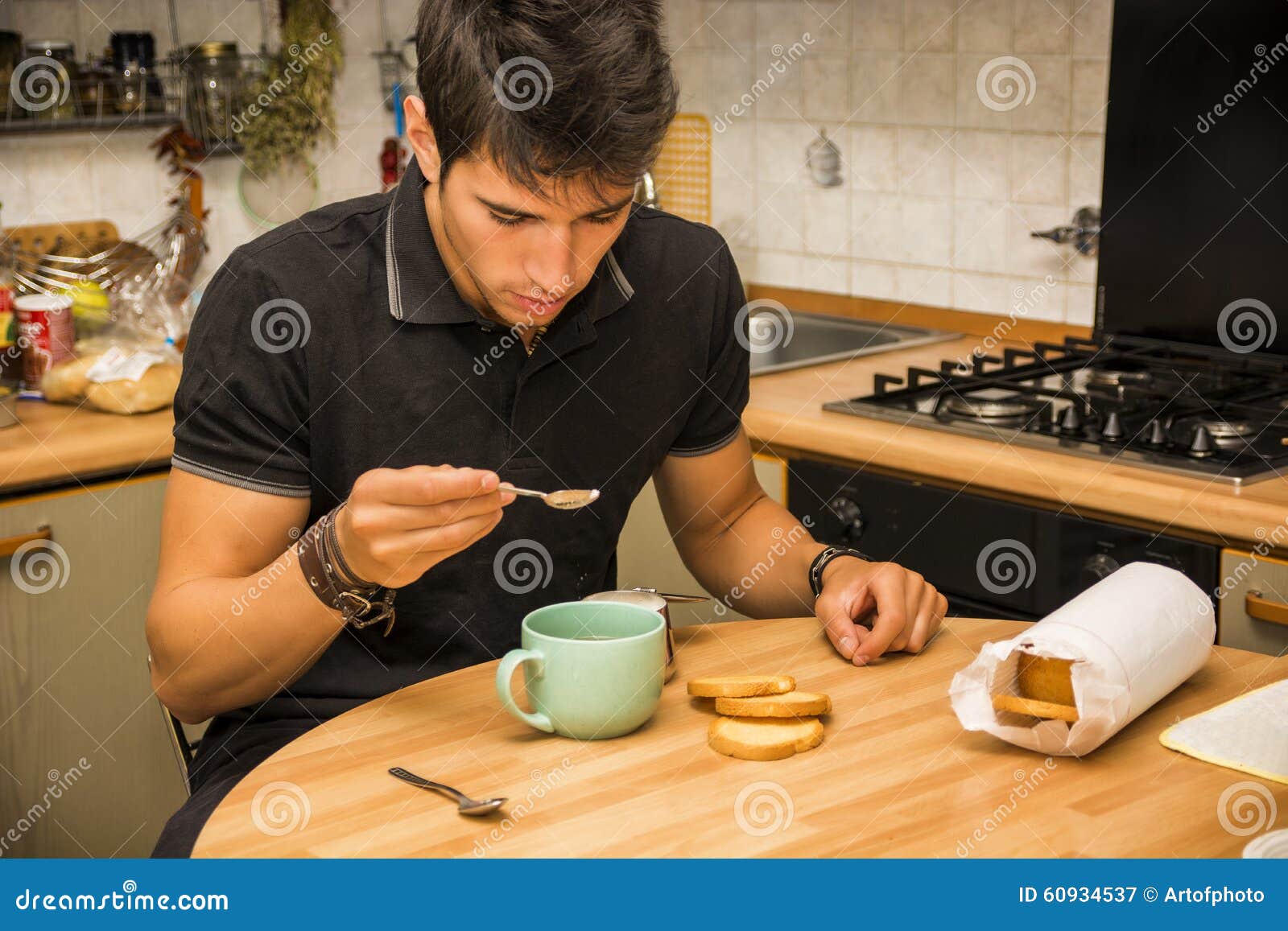 Tired Man with Coffee Sitting at Kitchen Table Stock Image - Image of ...