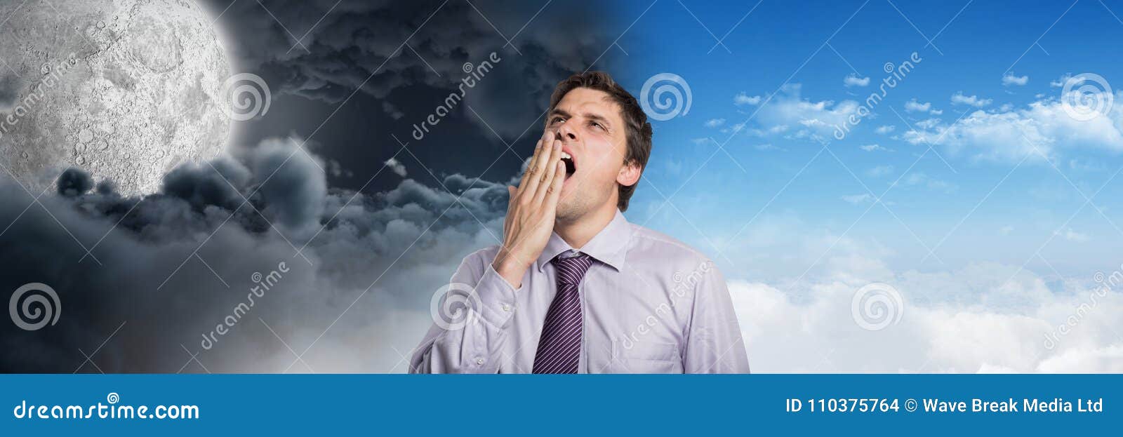 Tired Man and Day and Night Moon Cloudy Sky Contrast Transition Stock ...