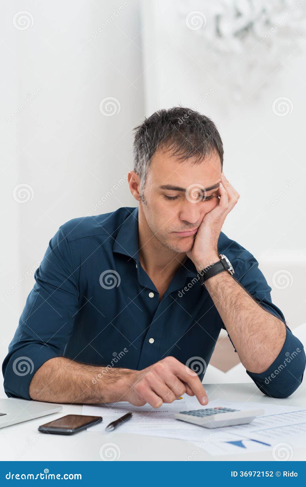 Tired Man Doing Calculations Stock Photo - Image of paperwork, bill ...