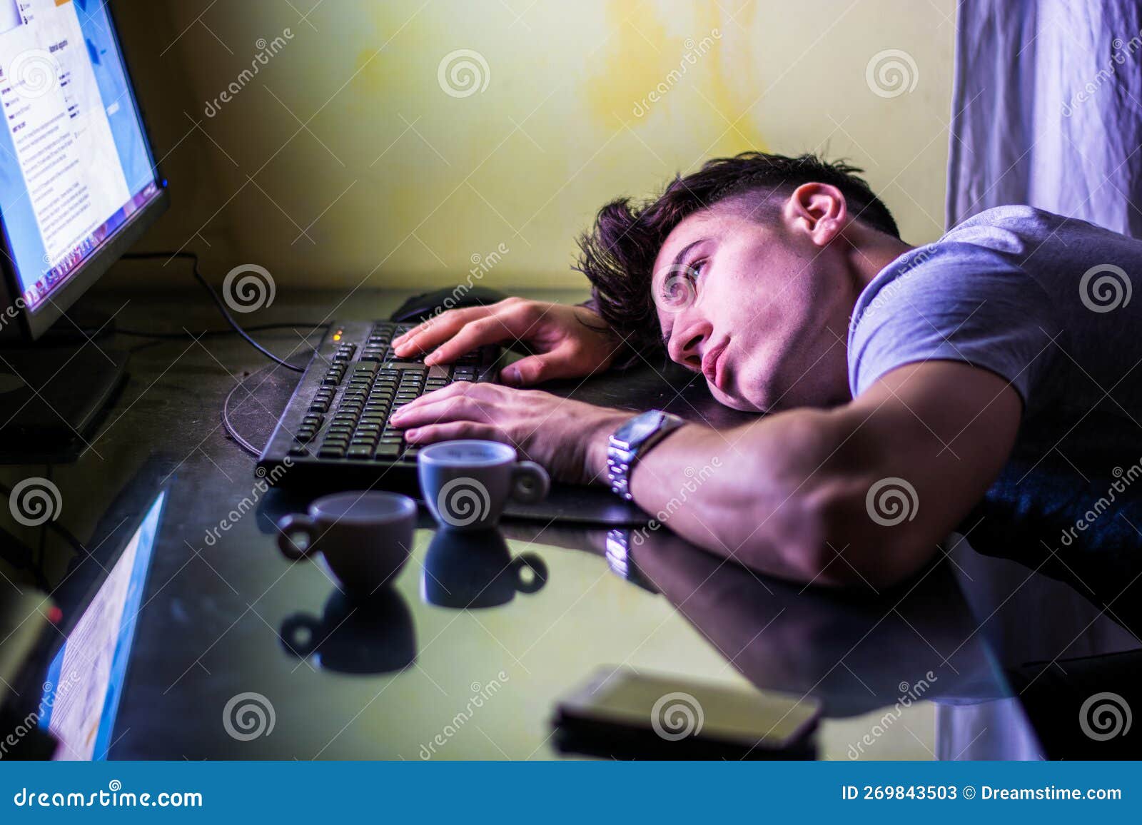 Tired Man Lying on Table in Front of Computer Stock Image - Image of ...