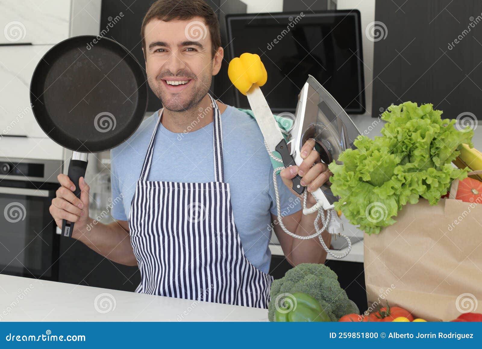Tired Man Multitasking at Home Stock Photo - Image of caretaker ...