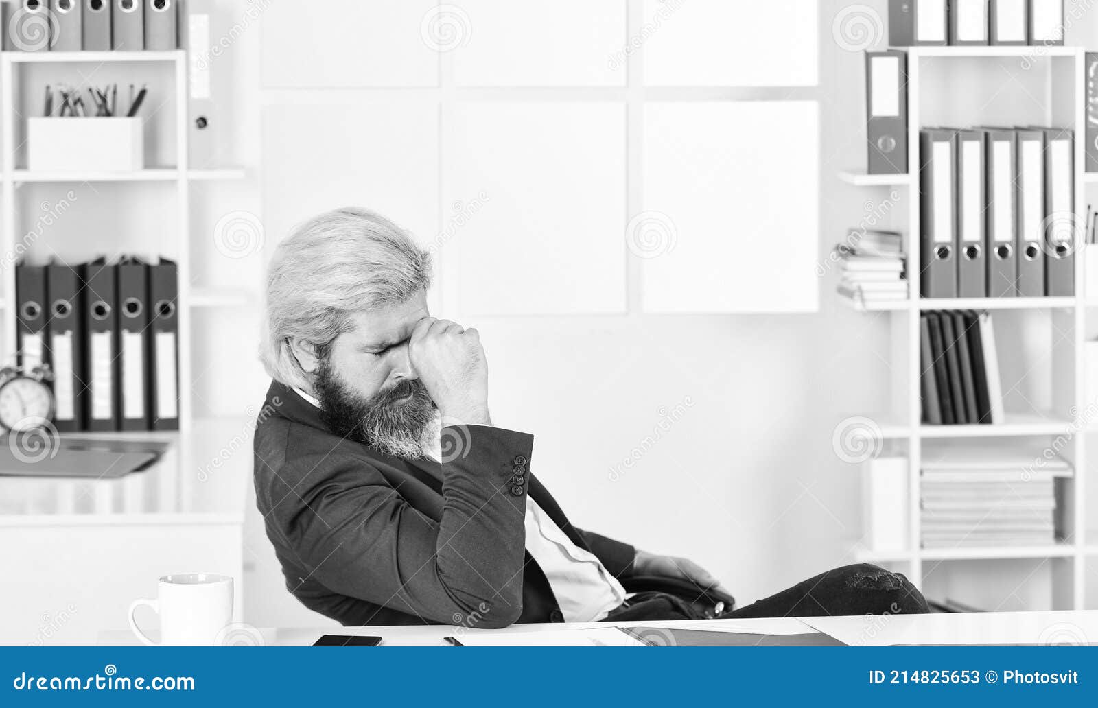 Tired Man at Office Table with Folder. Business Intelligence Analyst ...