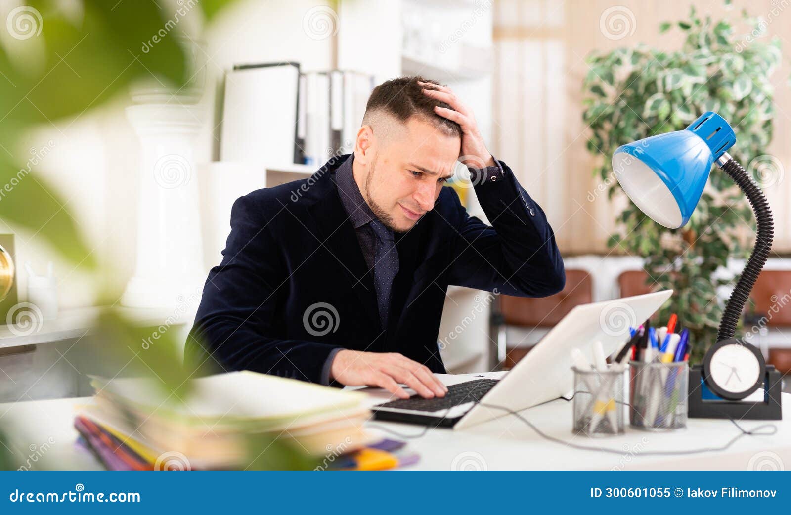 Tired Man Office Worker Sitting at Table Stock Image - Image of person ...