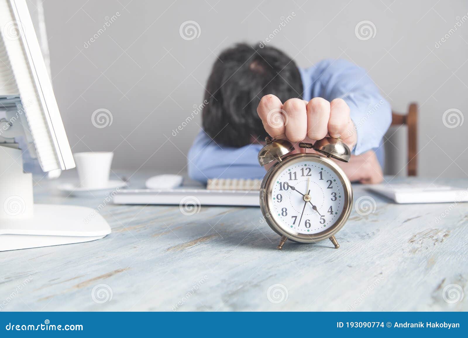 Tired Man Showing Alarm Clock on the Desk Stock Photo - Image of adult ...