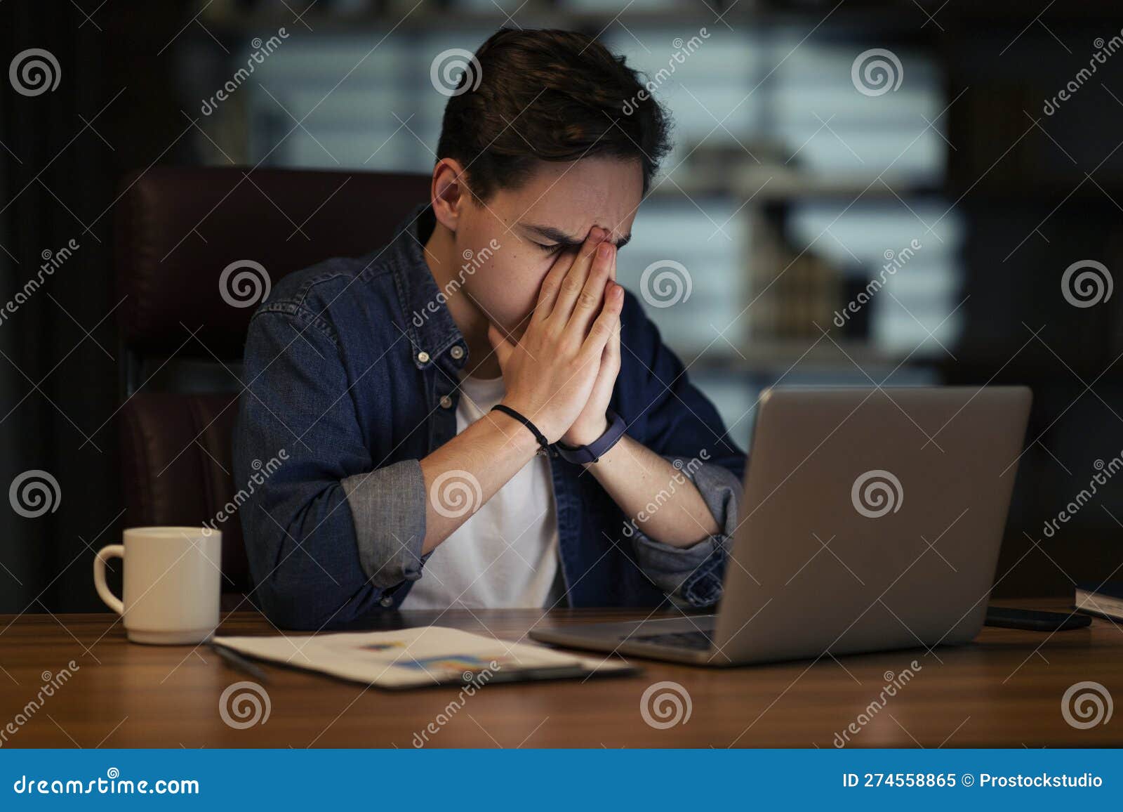 Tired Man Sitting in Front of Computer at Dark Office Stock Image ...