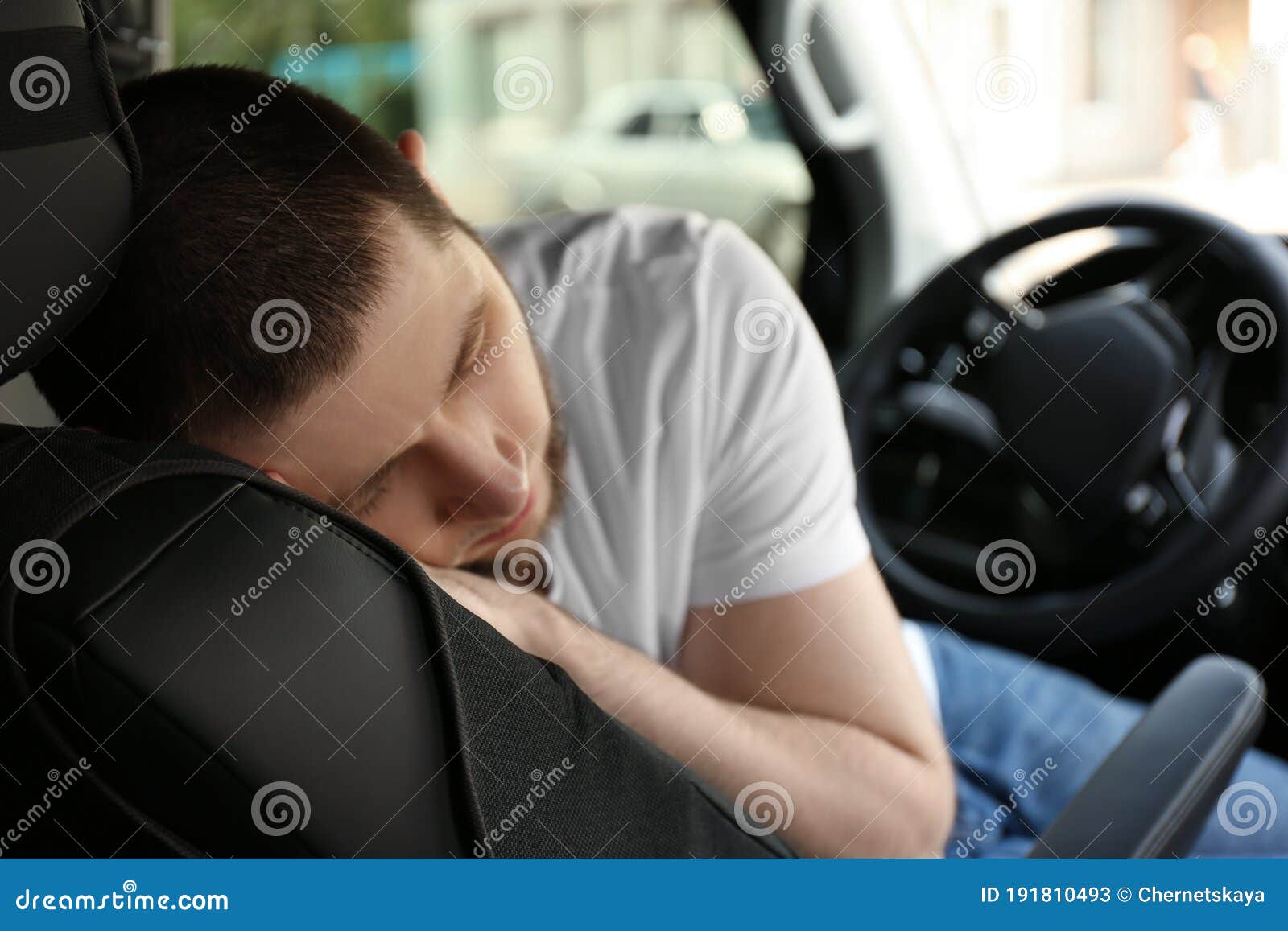 Tired Man Sleeping in His Car Stock Image - Image of safety, sitting ...