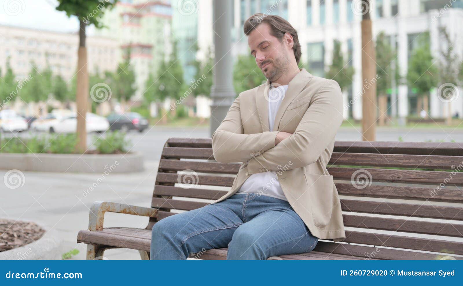 Tired Young Man Sleeping while Sitting on Bench Stock Photo - Image of ...