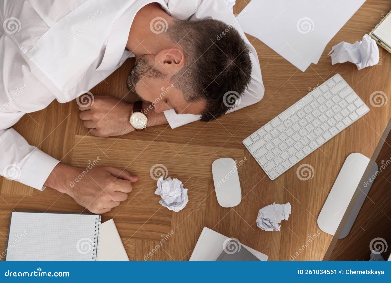 Tired Man Sleeping at Workplace, Top View Stock Image - Image of balls ...