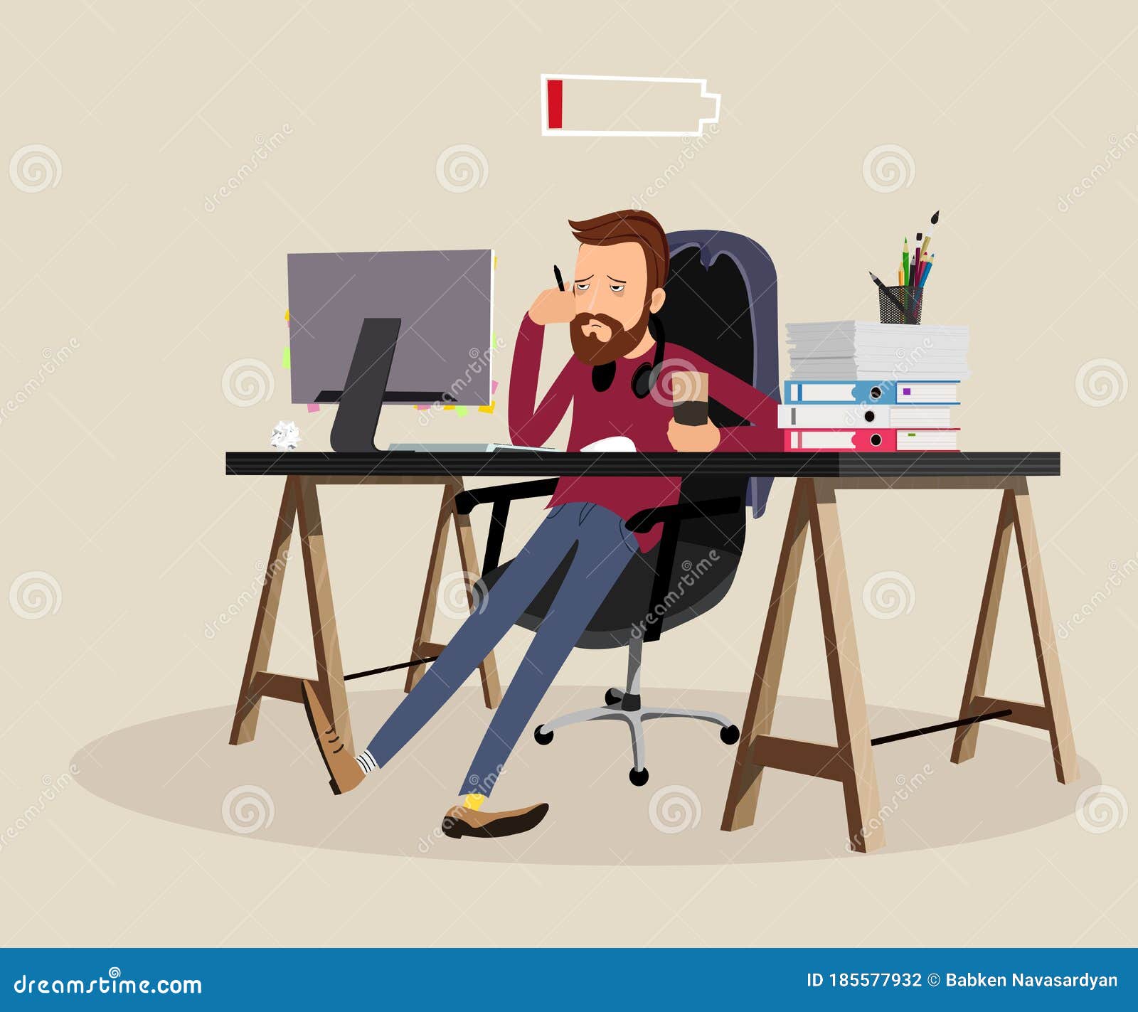 Tired man at work stock vector. Illustration of stress - 185577932