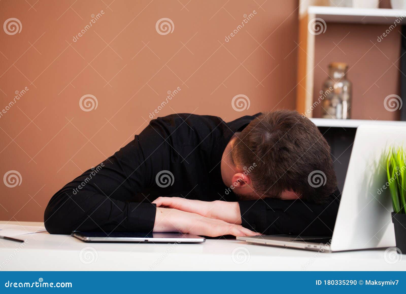 Tired Man Working at Company Office at Computer. Stock Photo - Image of ...