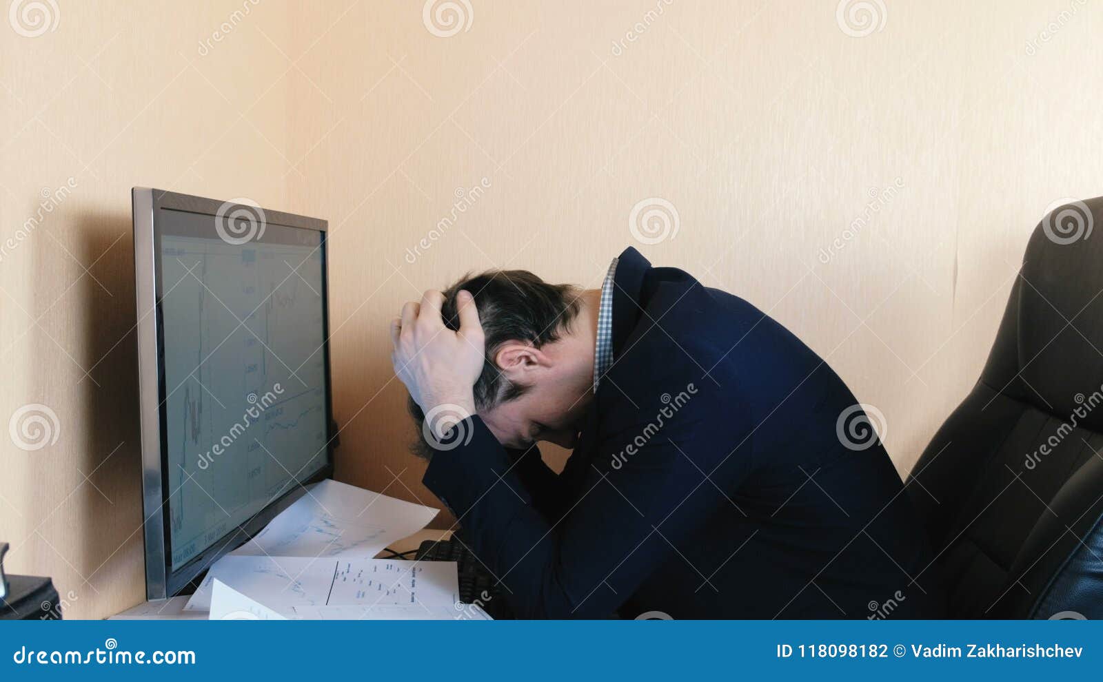 Tired Man is Working on Computer Compare Graphics. Stock Footage ...